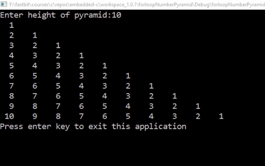 C Programming Exercise: Number Pyramid Using 'for' Loops