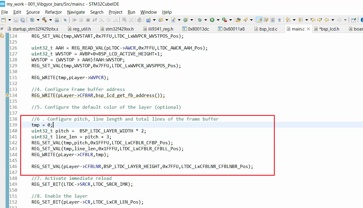LTDC Frame Buffer Configuration: Pitch, Line Length, Total Lines