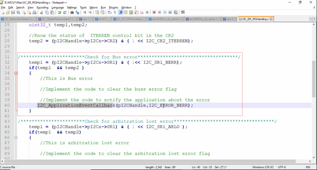 STM32 I2C Lecture 52: I2C error IRQ handler implementation