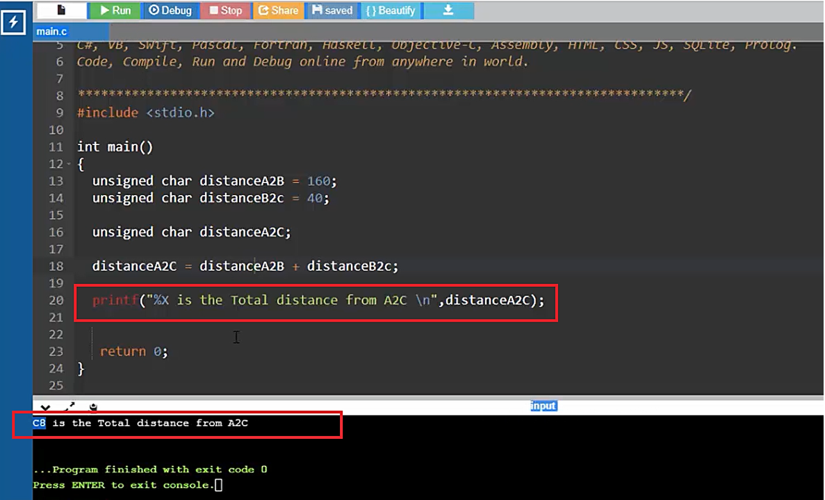 Write a C program to calculate and print distance from A to C